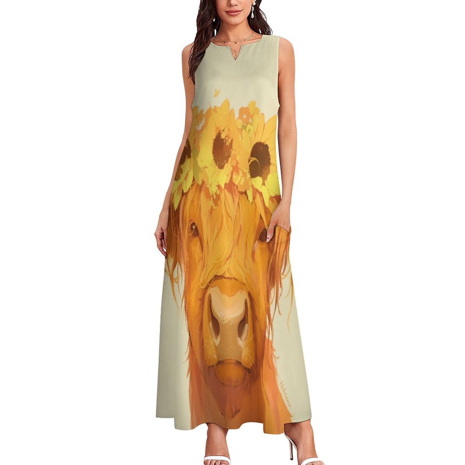 Highland Cow with Sunflowers Long Dress Luxury Woman Evening Dress Long ...