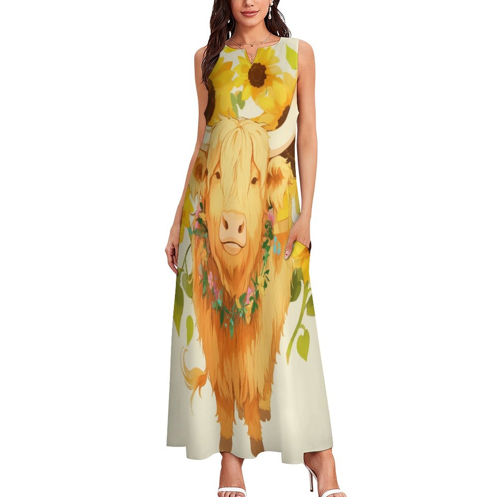 Highland Cow with Sunflowers Long Dress Luxury Woman Evening Dress Long ...