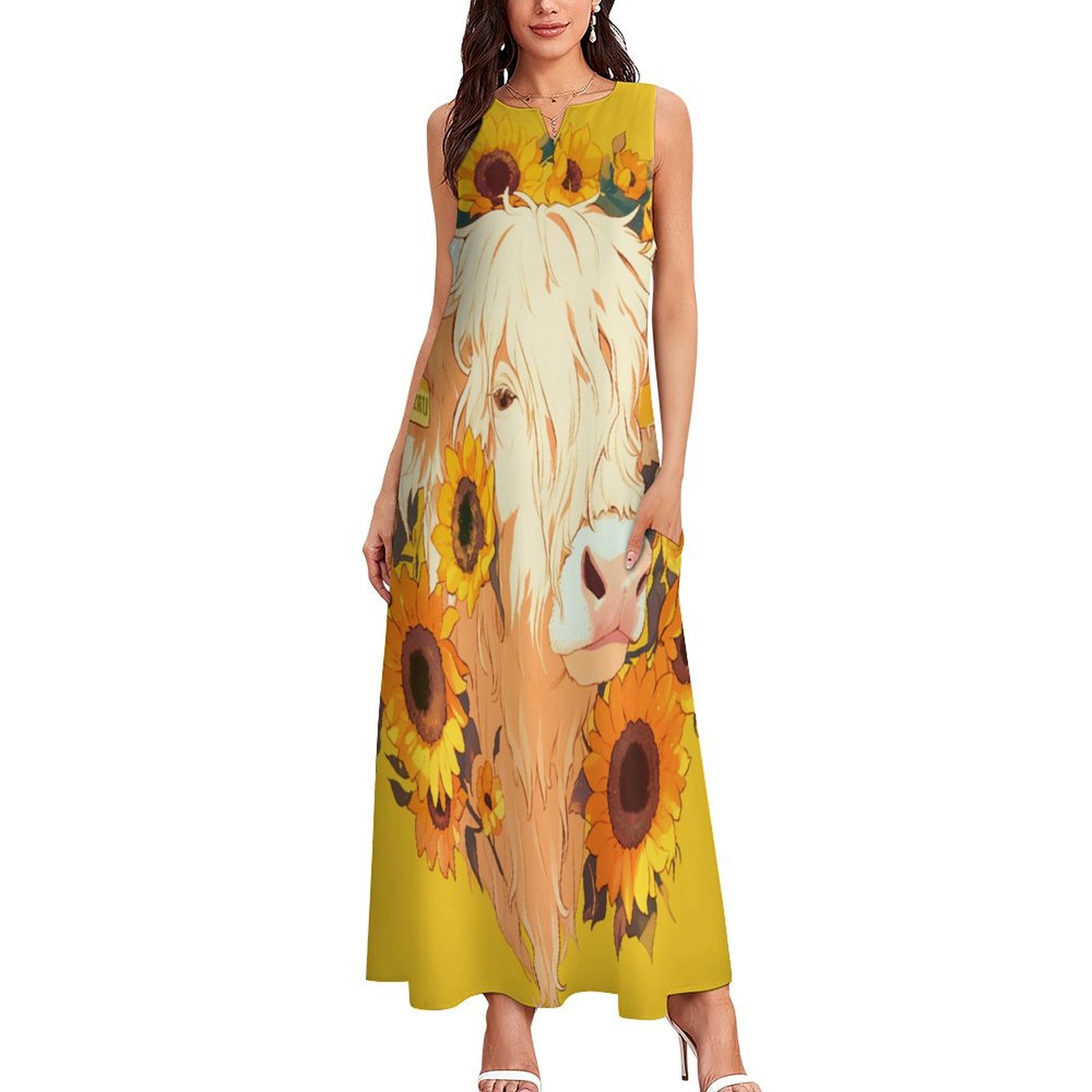 Highland Cow with Sunflowers Long Dress Women's Summer Dress Elegant ...