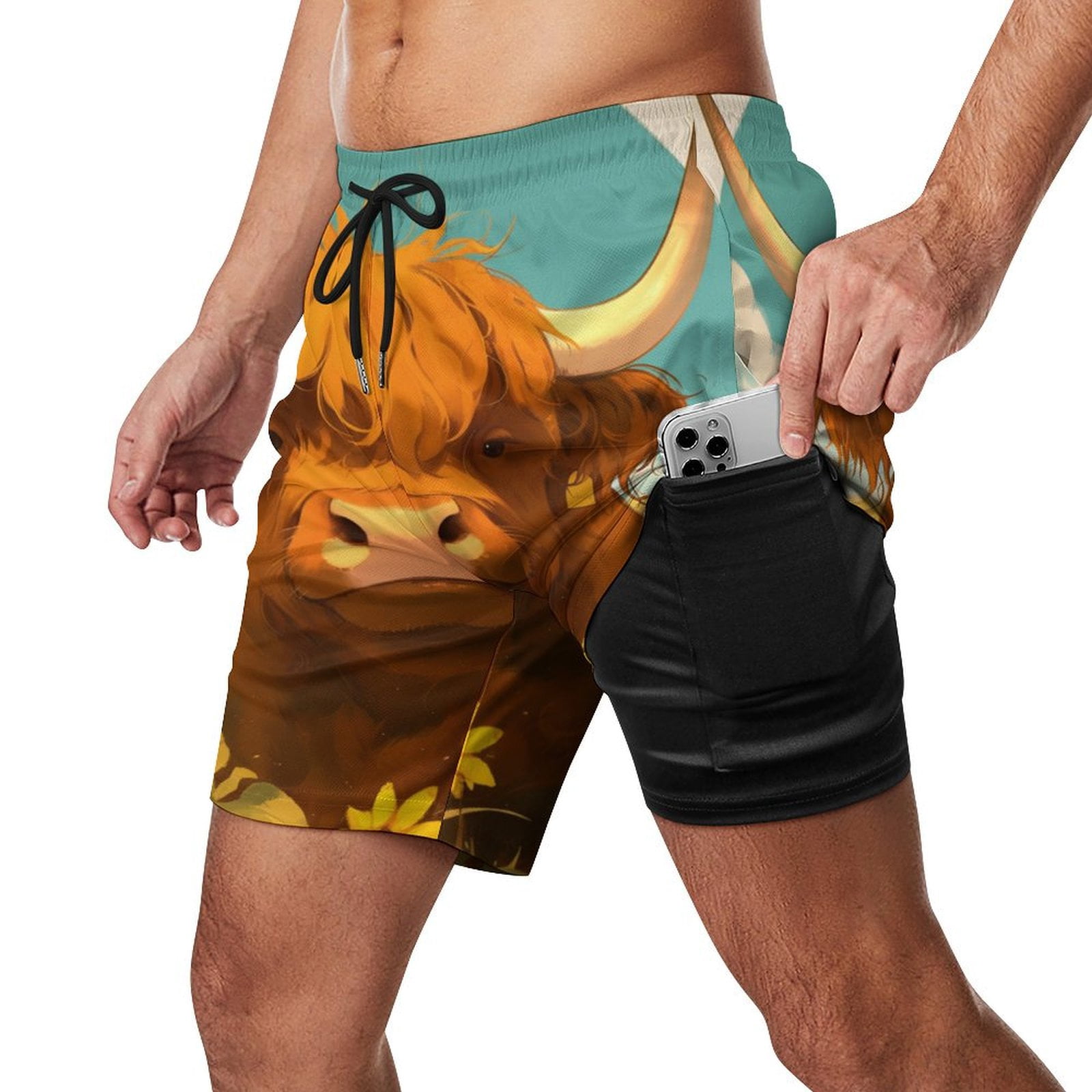Highland Cow with Sunflowers Quick Dry Swimming Shorts For Men Swimwear ...