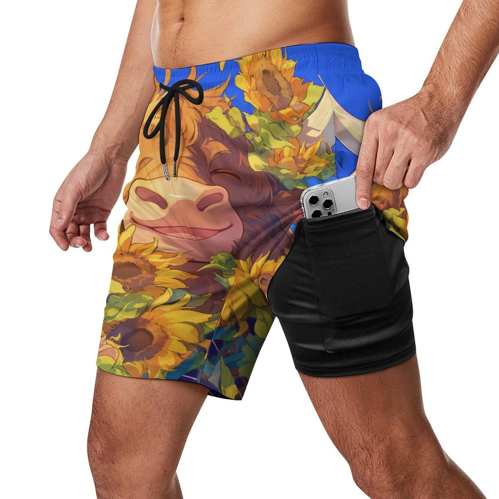 Highland Cow with Sunflowers Quick Dry Swimming Shorts For Men Swimwear ...