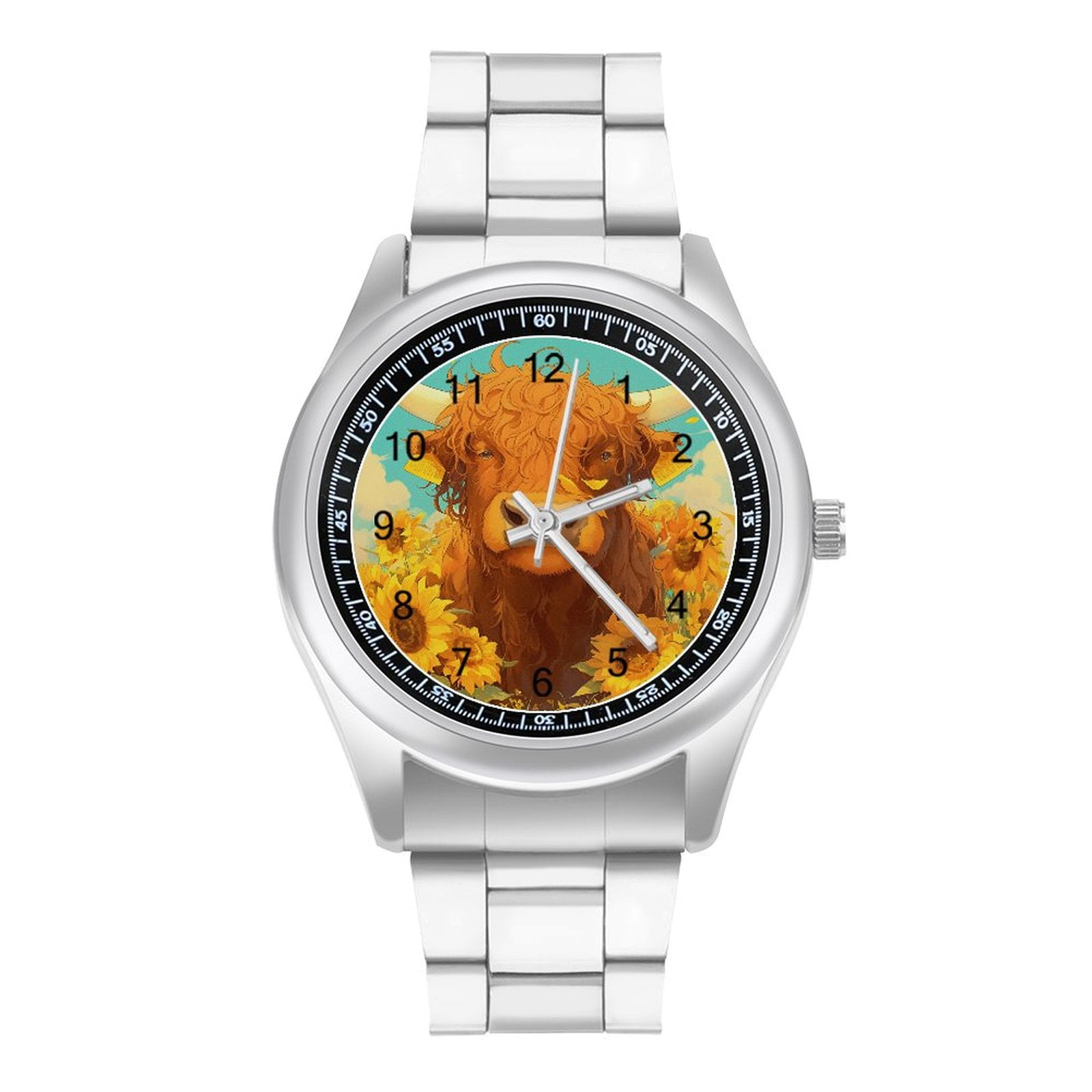 Highland Cow with Sunflowers Wrist Watches for Men Metal Band Watch ...