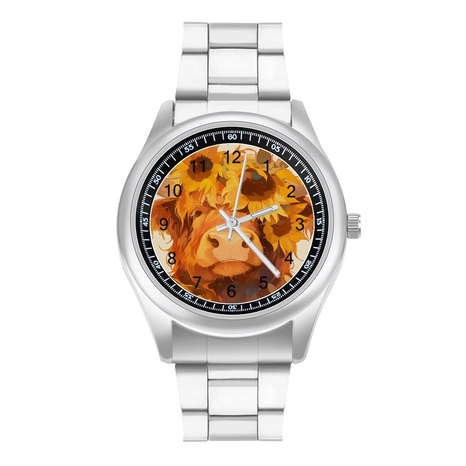 Highland Cow with Sunflowers Wrist Watches for Men Metal Band Watch ...