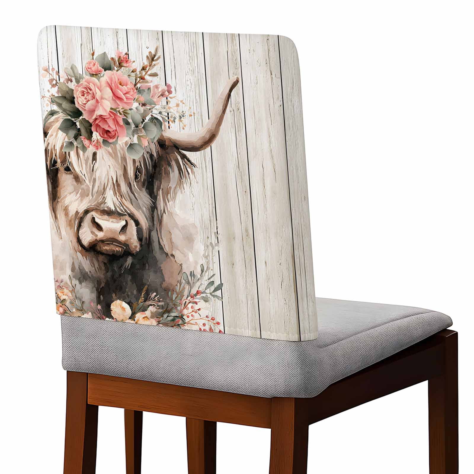 Highland Cows Chair Covers Set of 4 Abstract Animal Pink Flower Brown ...