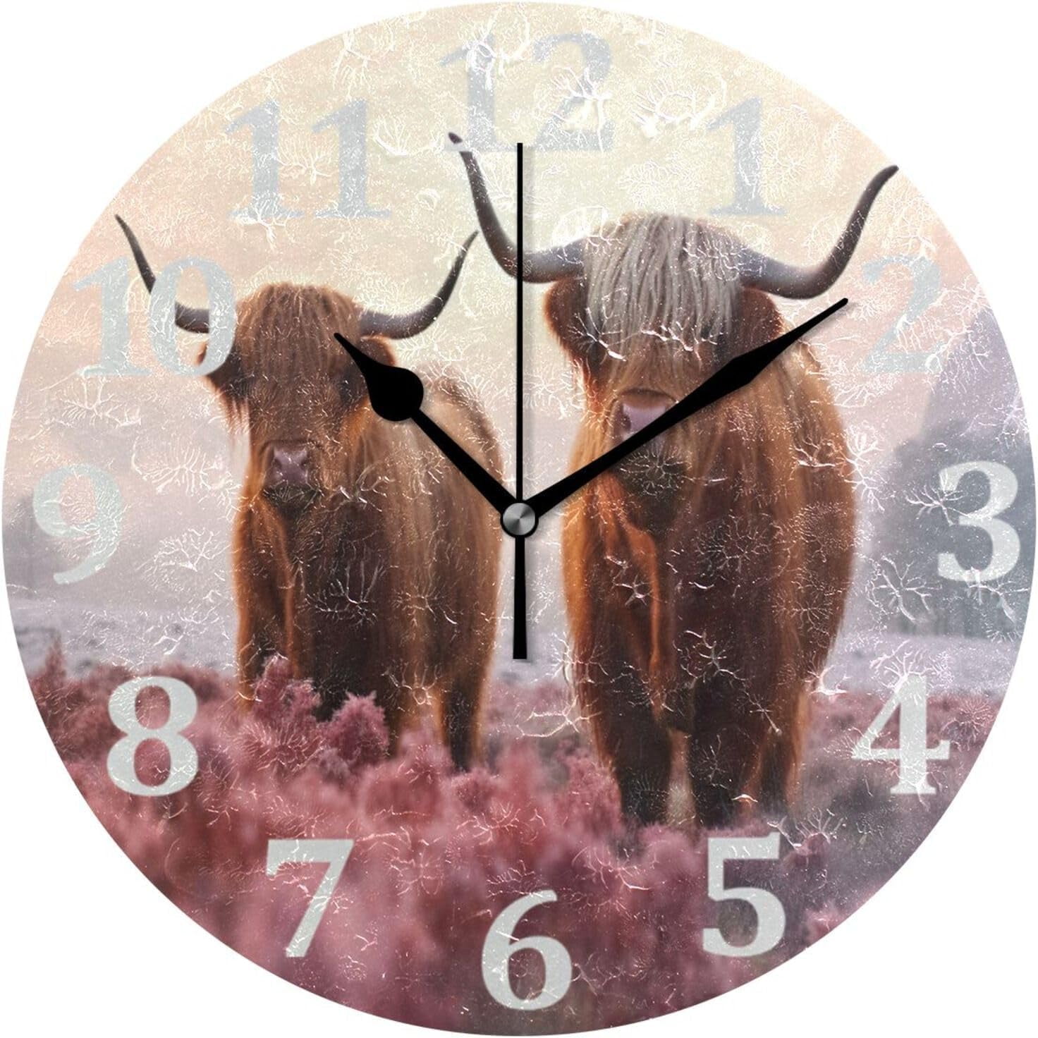 Highland Cows Wall Clock Round Vintage Silent Non Ticking Battery ...