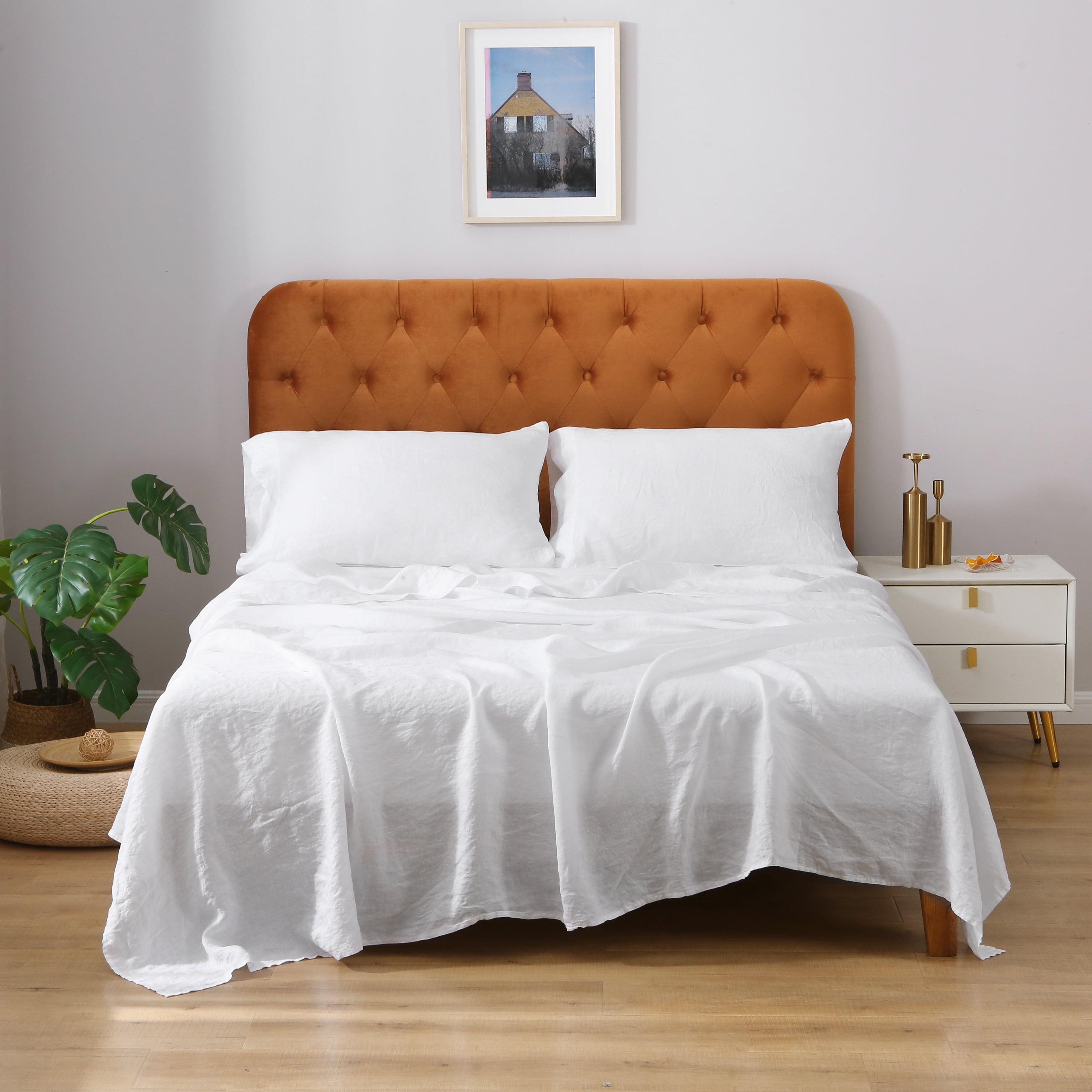 Highland Feather 100% French Linen Sheet Set- 1 Flat Sheet & 1 Fitted ...