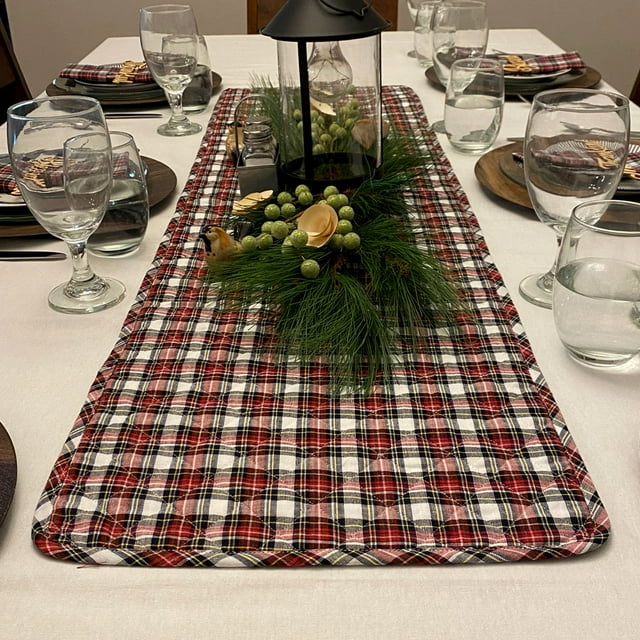 Highland Red Tartan Plaid Reversible Black White Ticking Stripe Quilted ...