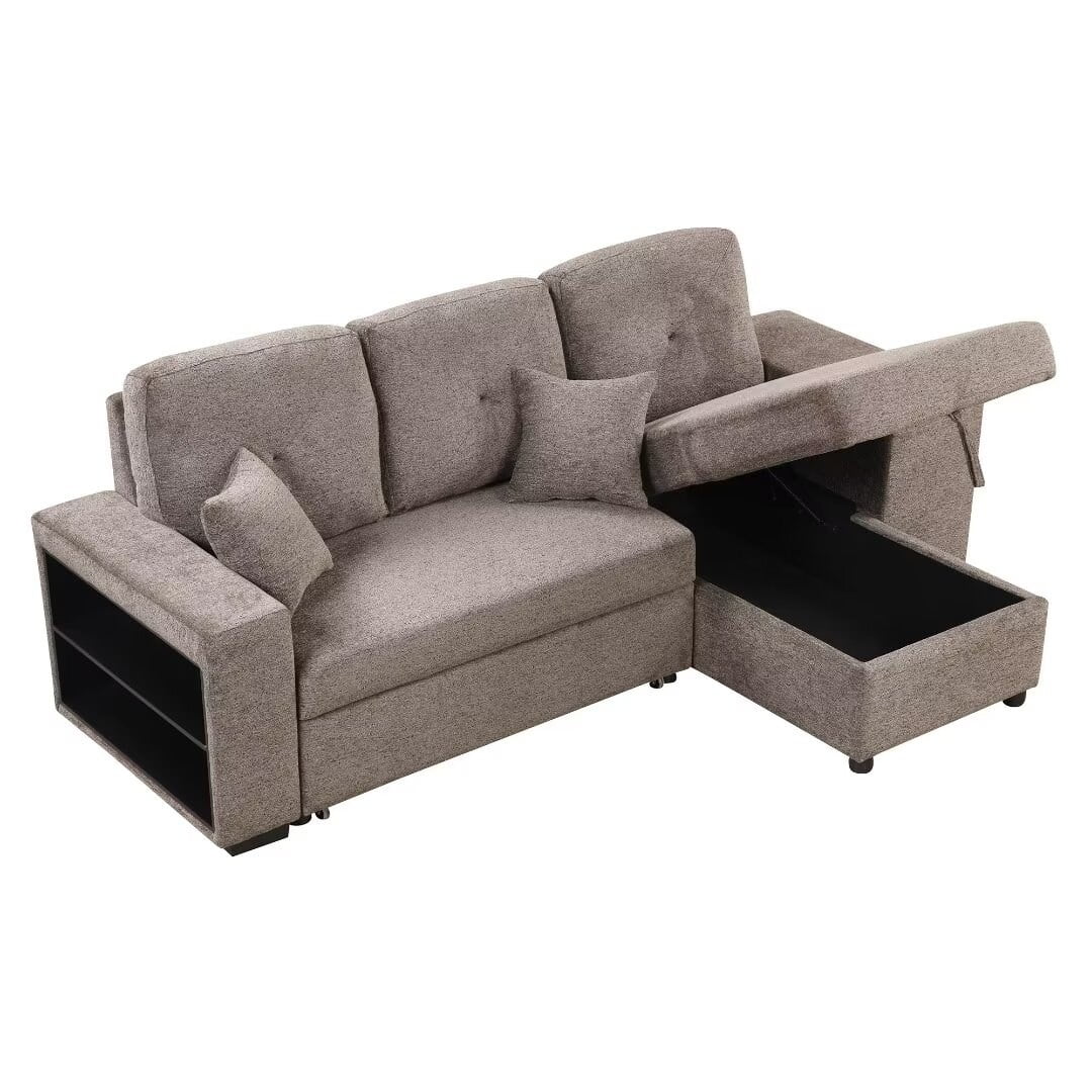 Highland Reversible Sofa Bed with Side Shelf and 2 Stools and Storage ...