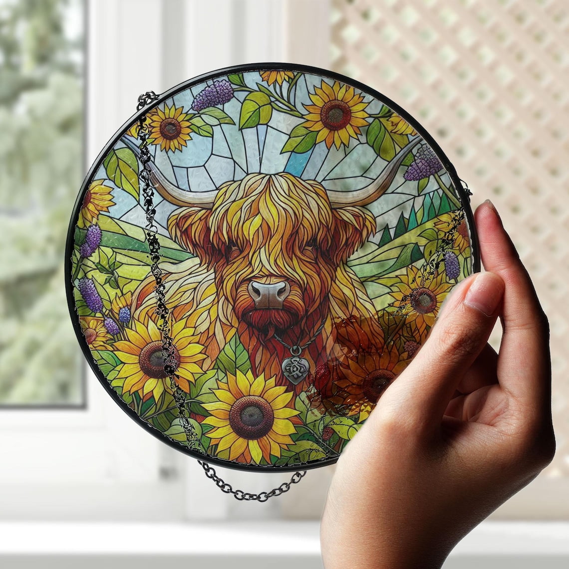 Highland cow and Sunflowers GLASS Hanging, Farmhouse decor, Castle Cow ...