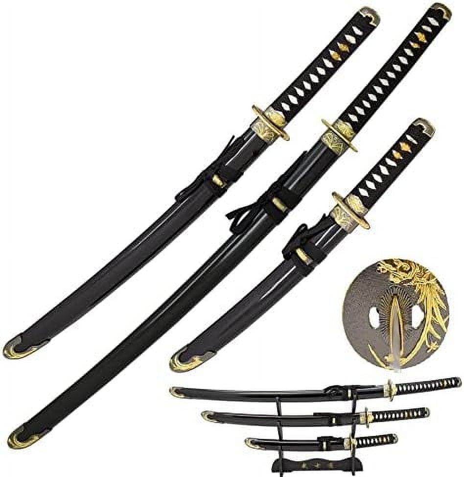 Highlander Dragon Design Handle Samurai Katana Triple Sword Set w/Sword ...