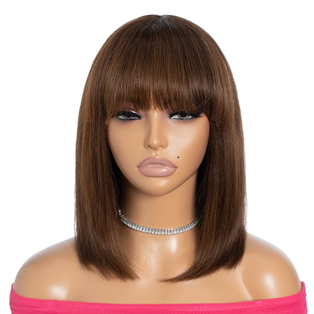 Highlight Brown Bob Wig With Bangs Human Hair 12 Inch Light Yaki Straight Short Bob Human Hair