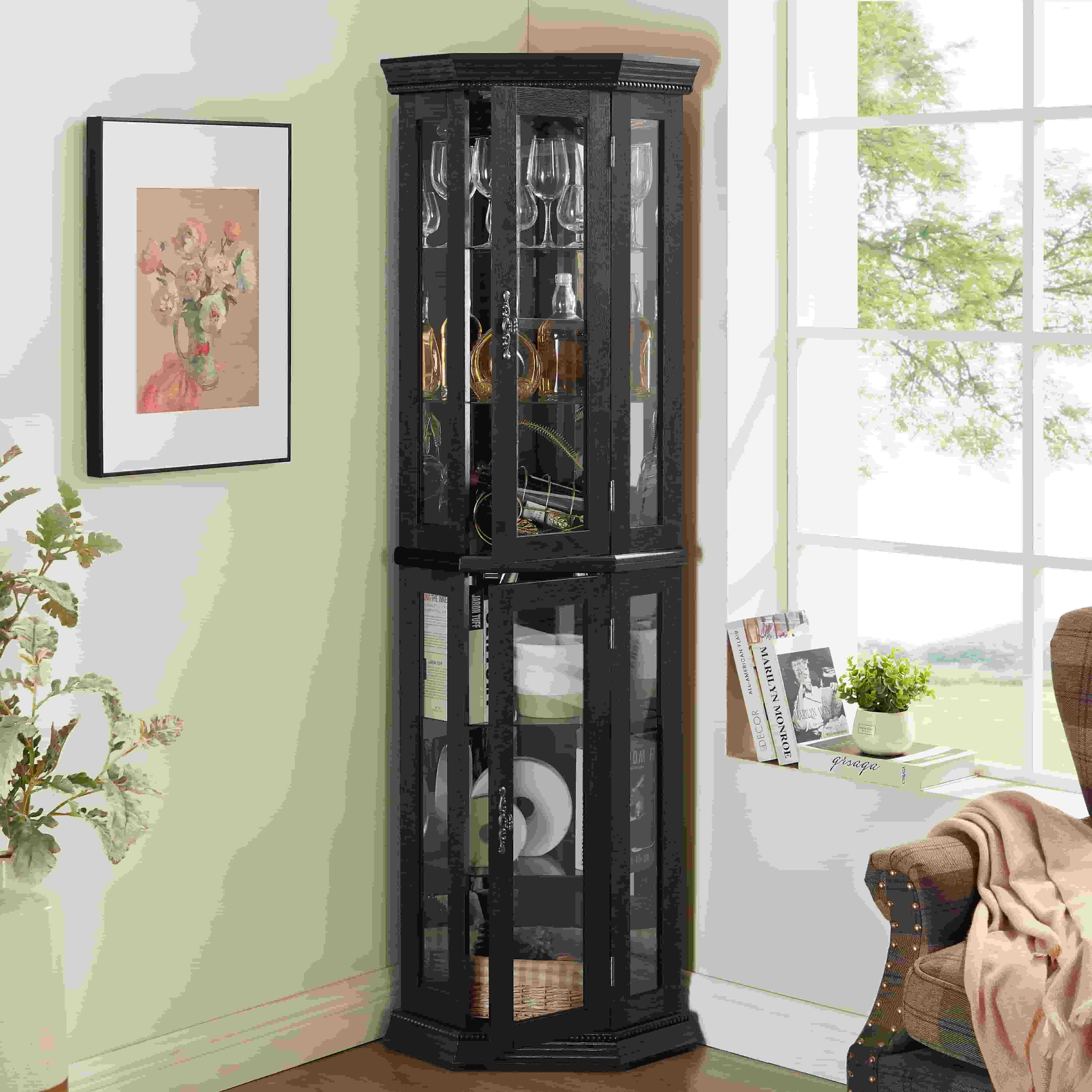 Highly Sought-After Lighted Corner Curio Cabinet – Tempered Glass Door ...