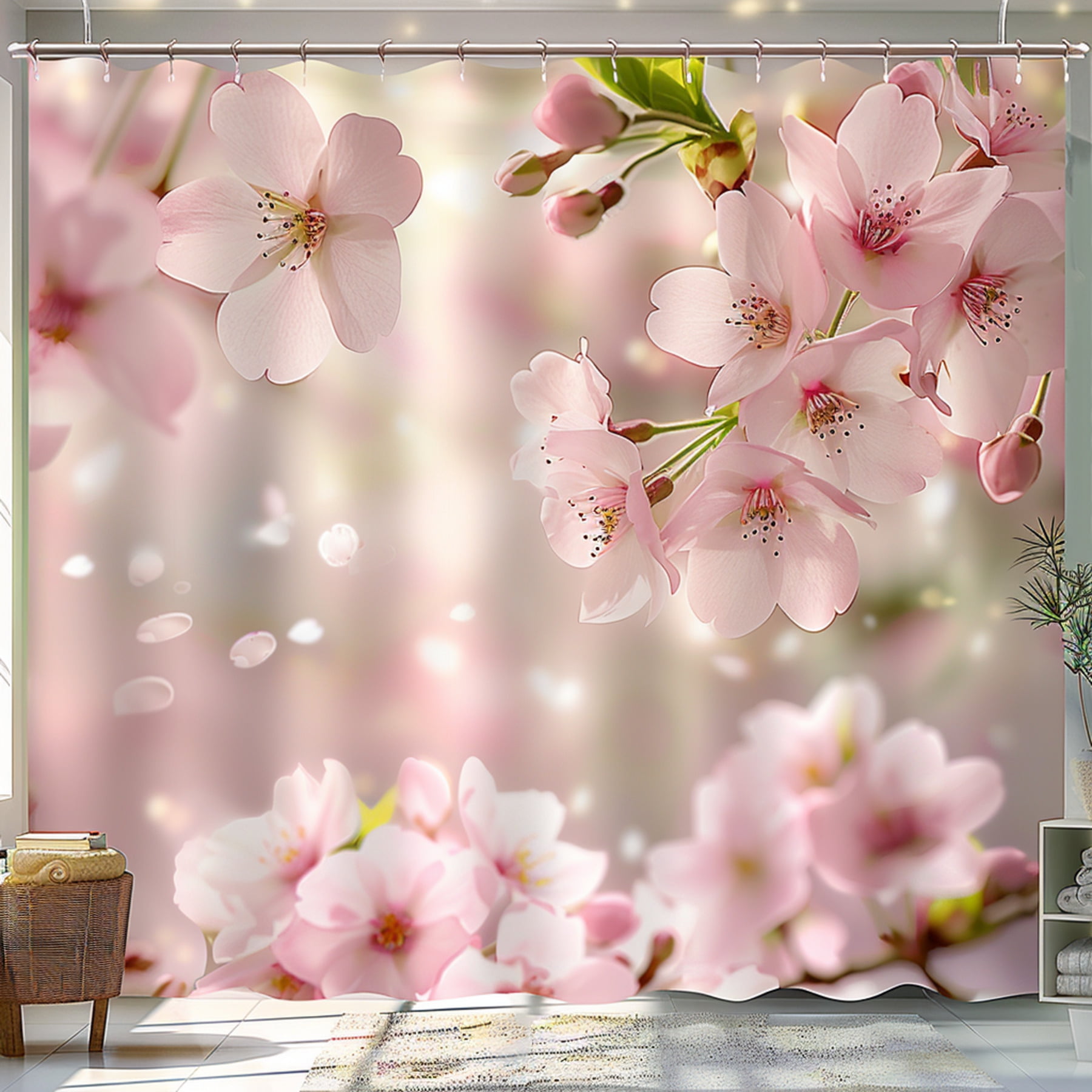 Highly realistic cherry blossom shower curtain with pink and white ...
