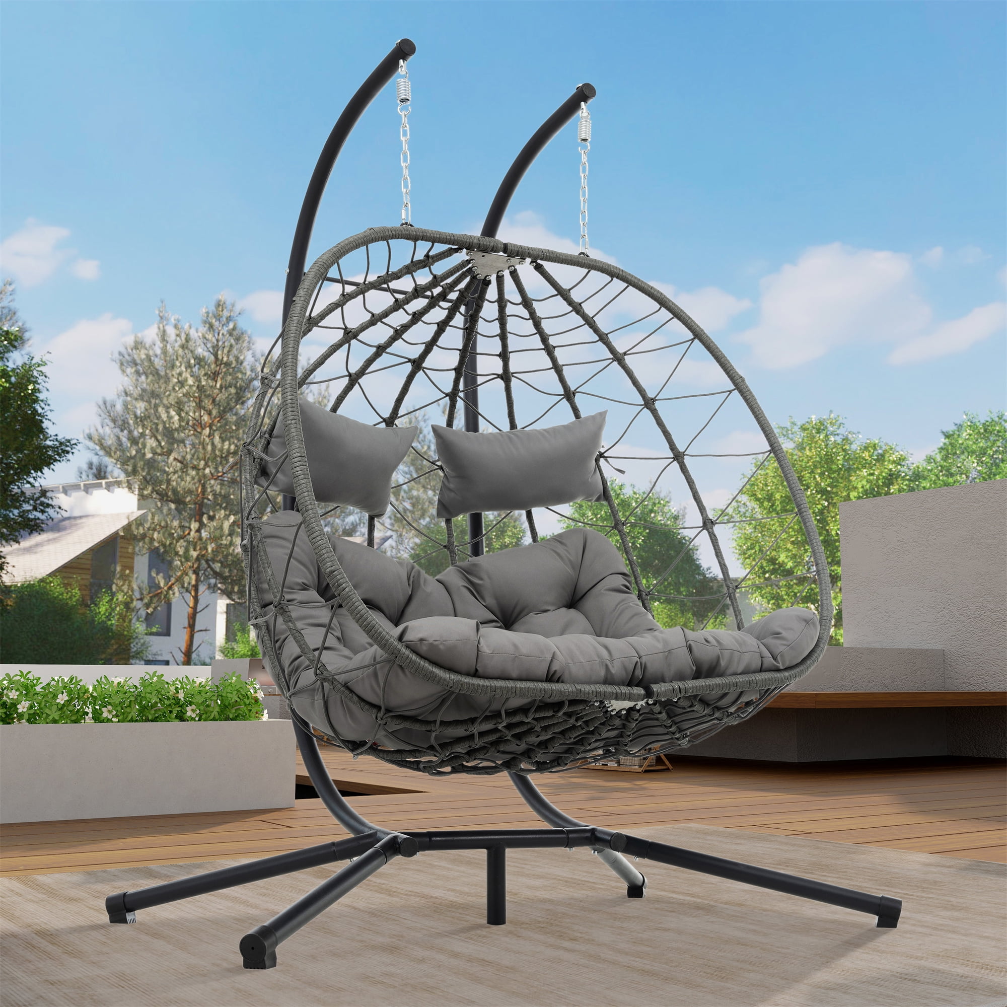 HIGHSOUND 2 Person Hanging Egg Chair, Light Grey Double Wicker Rattan ...