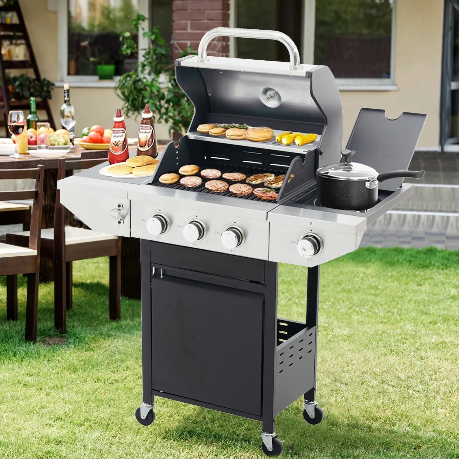 Highsound 3-Burner Propane Gas Grill, Porcelain-Enameled Cast Iron ...