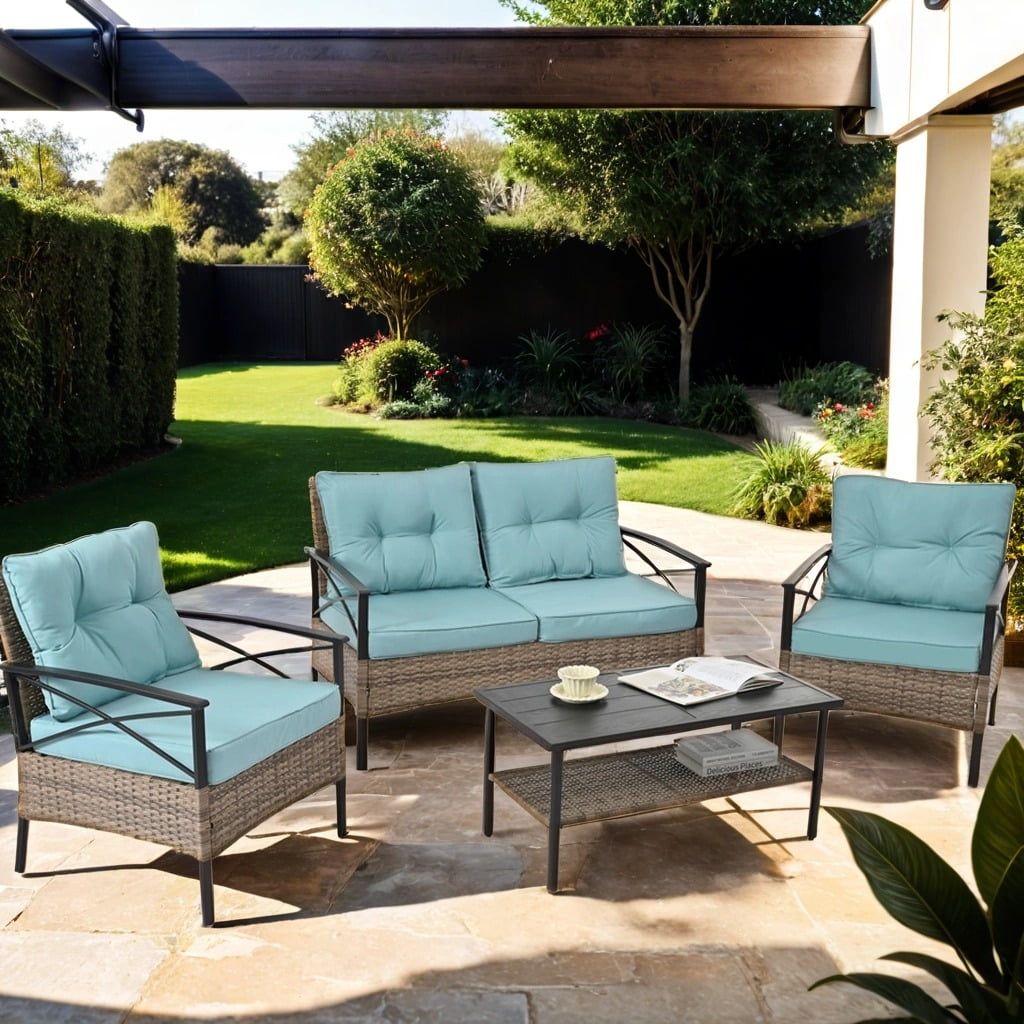 Highsound 4-Piece Patio Furniture Set, Rattan Conversation Set with ...