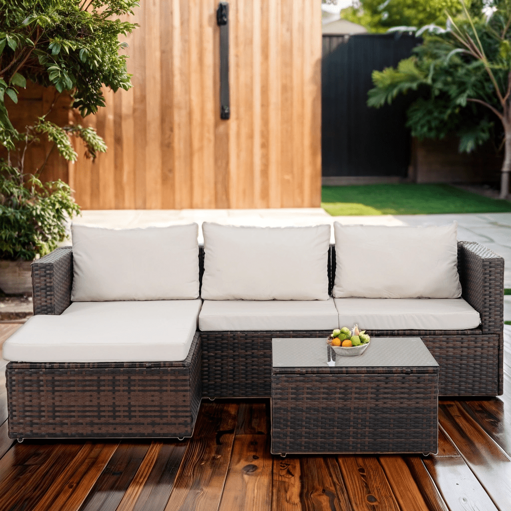 Highsound 4 Piece Outdoor Patio Furniture Sets All Weather Outdoor Sofa PE Garden Furniture Wicker Rattan Patio Conversation Set with Storage Box