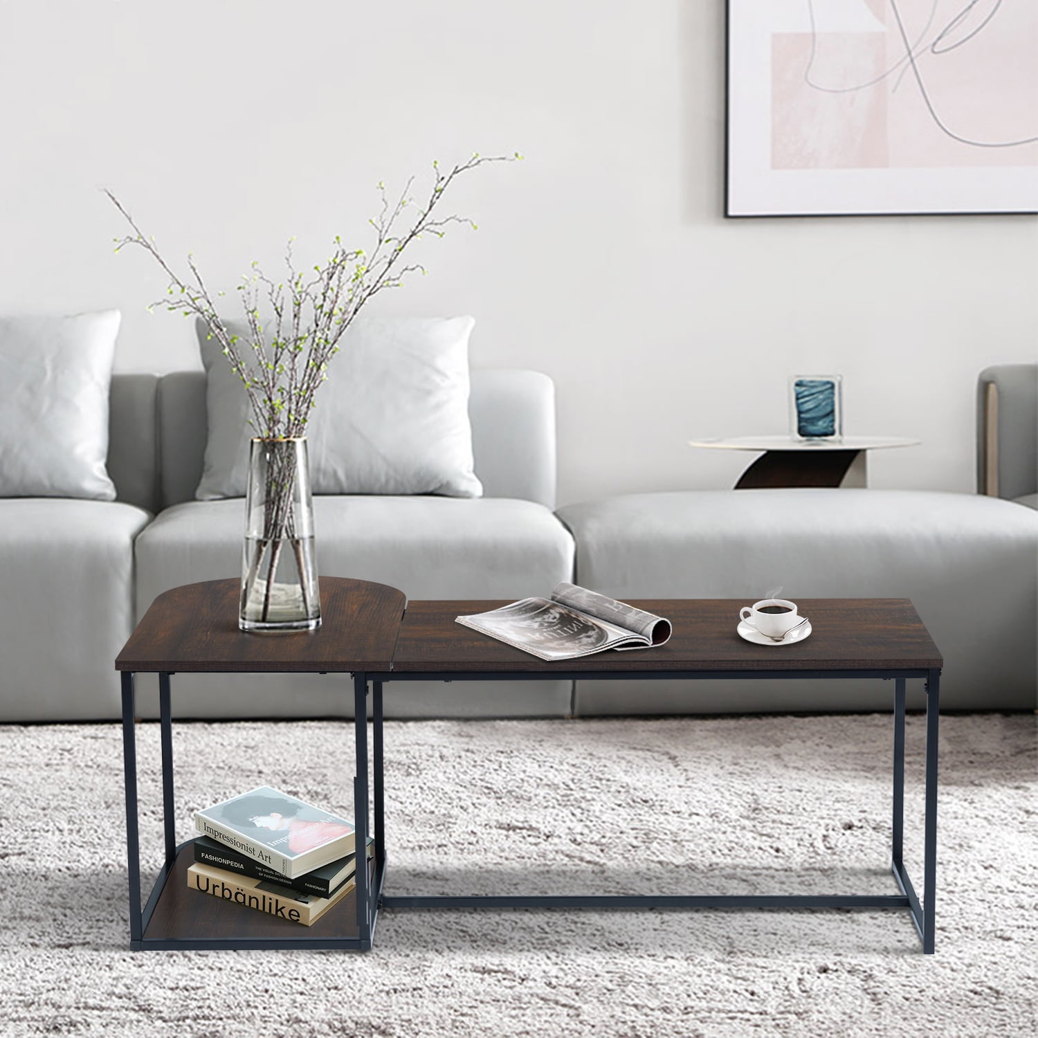 Highsound 47.2" Coffee Table with Storage Shelves, L-Shaped Farmhouse ...