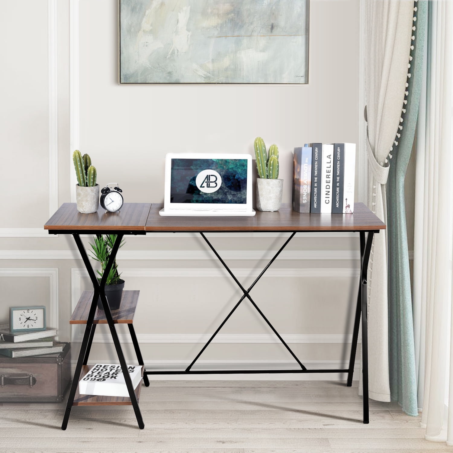 Highsound 47.2" Steel Writing Desk, Wooden Computer Table with 2 Open ...