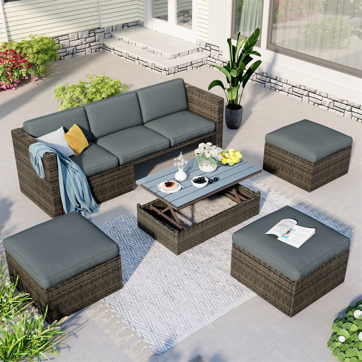 Highsound 5-Piece All-Weather Patio Set with Adjustable Backrest & Lift ...