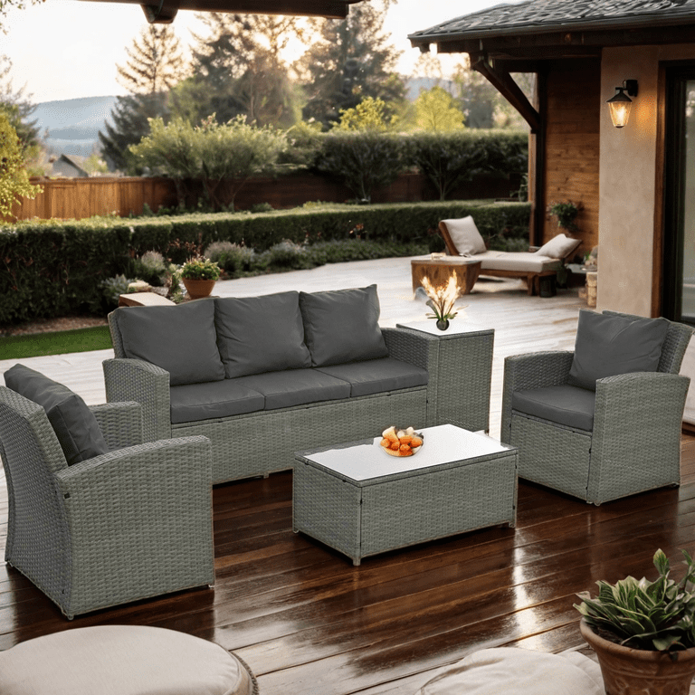 Highsound 5 Pieces Outdoor Patio Furniture Set PE Wicker Furniture Conversation Sets with Washable Cushions 2 Coffee Table for Garden Poolside