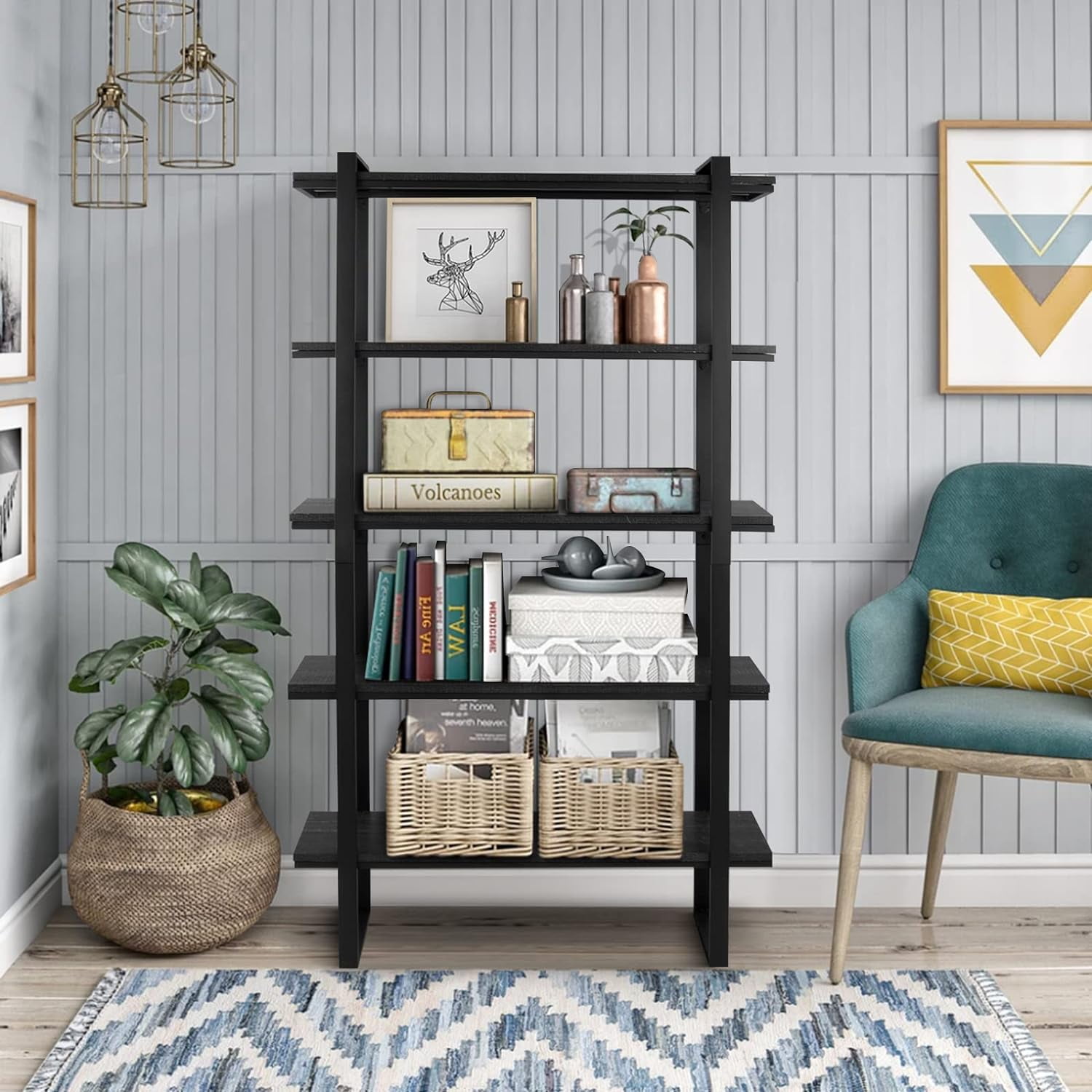 Highsound 5-Tier Industrial Bookcase Storage Shelves Vintage Flower ...
