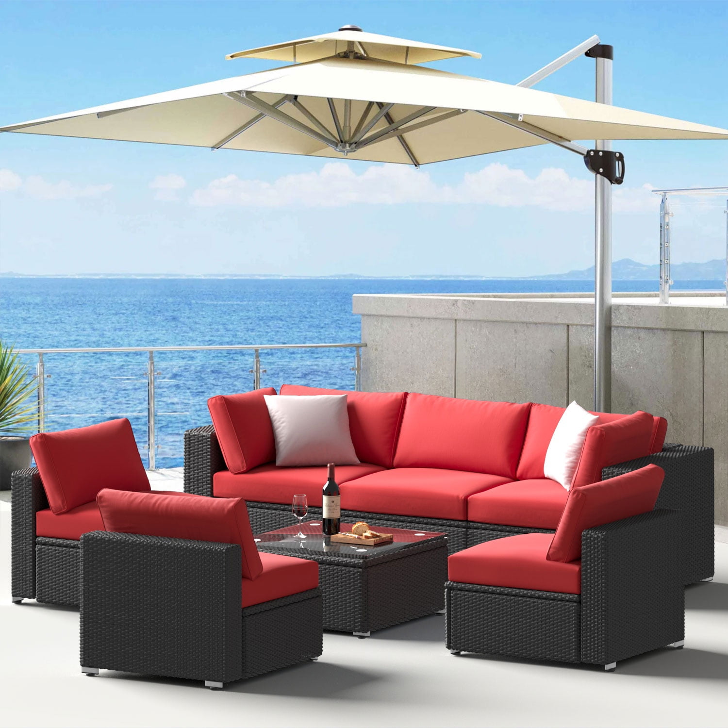 Highsound 7-Piece Outdoor Patio Furniture Set with Ottoman, Loveseat ...