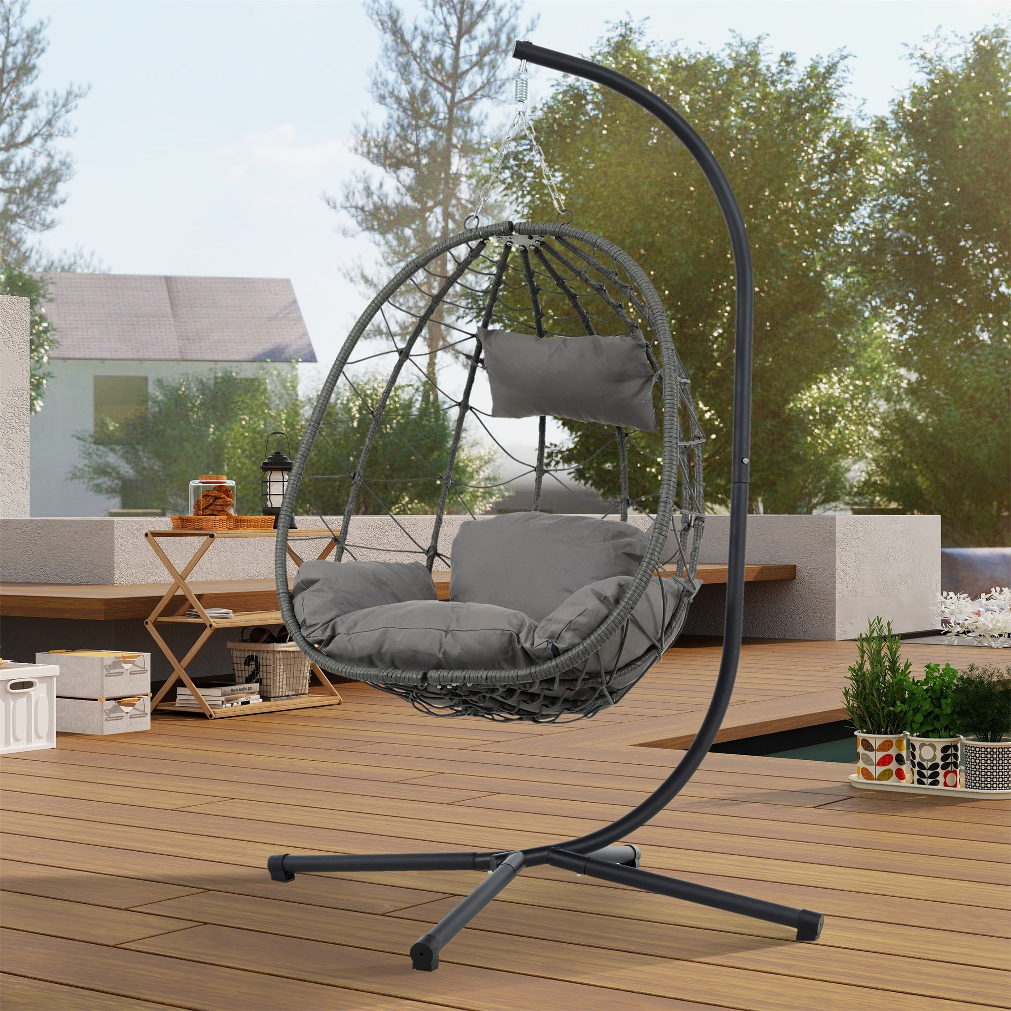 Highsound Egg Hanging Chair with Stand, Patio Wicker Swing Egg Chair ...