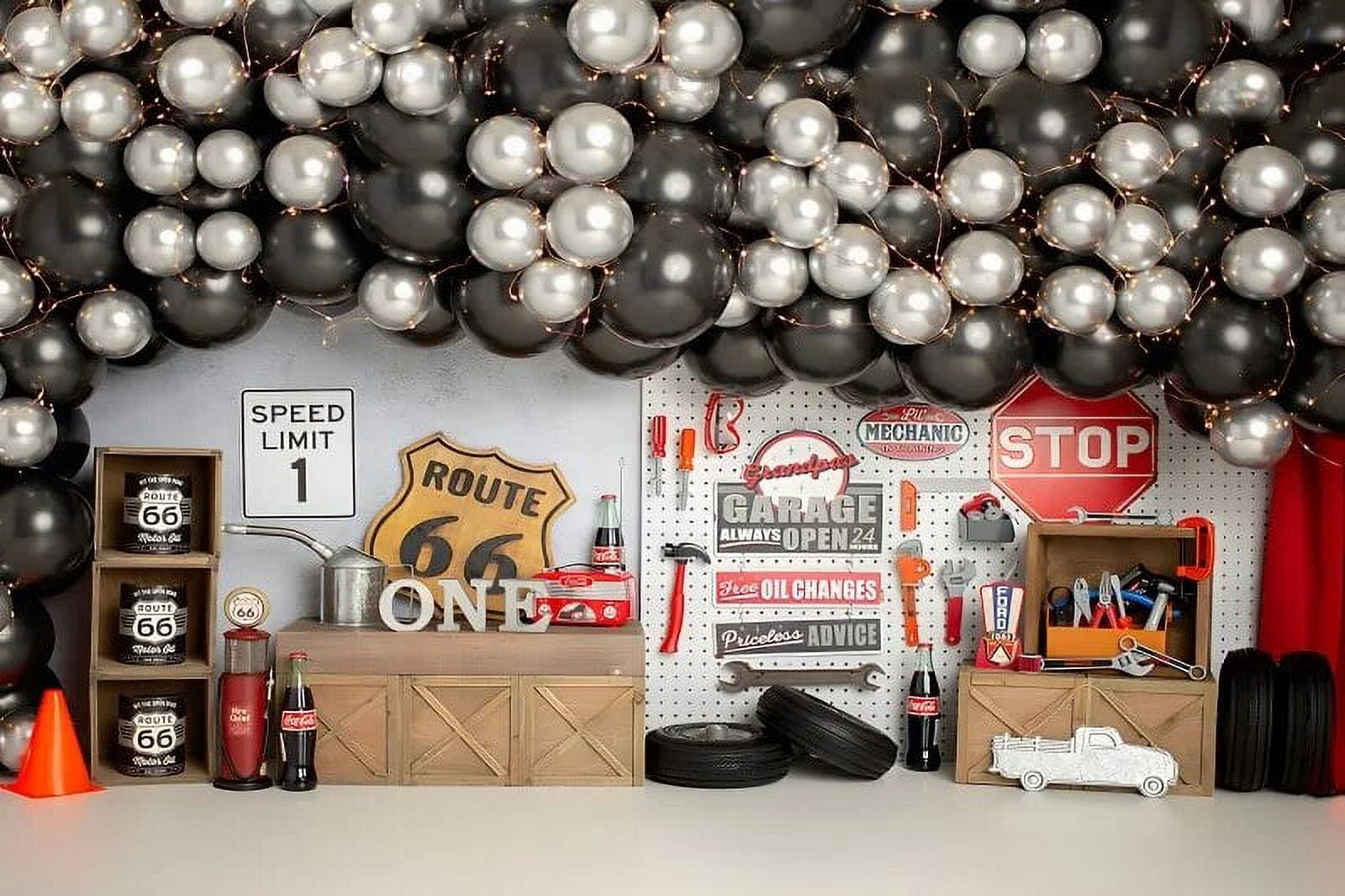 Highway Gas Station Birthday Scene Backdrop Black Balloons Newborn Baby ...