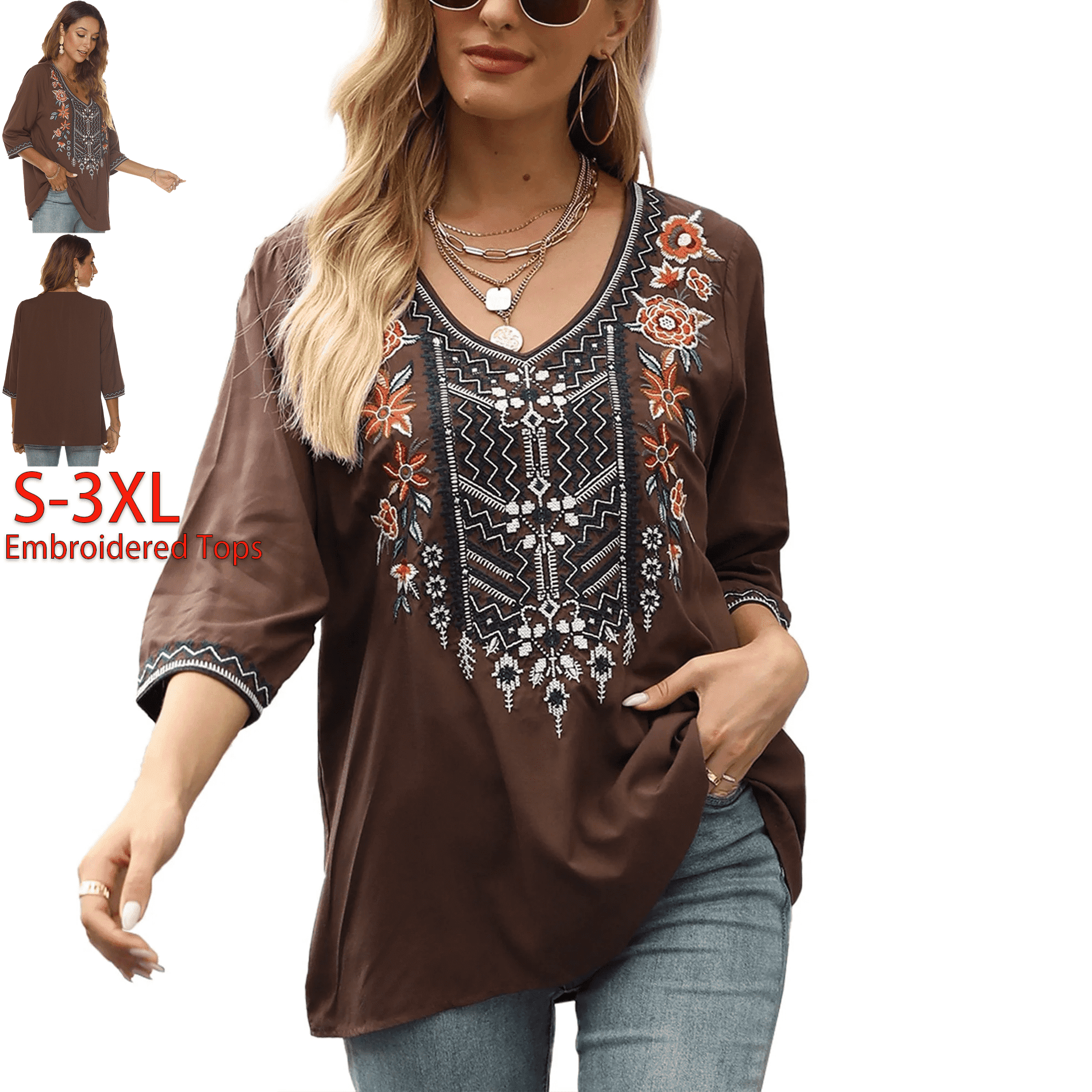 Higustar Embroidered Tops for Women 3/4 Sleeve V Neck Plus Size Boho ...