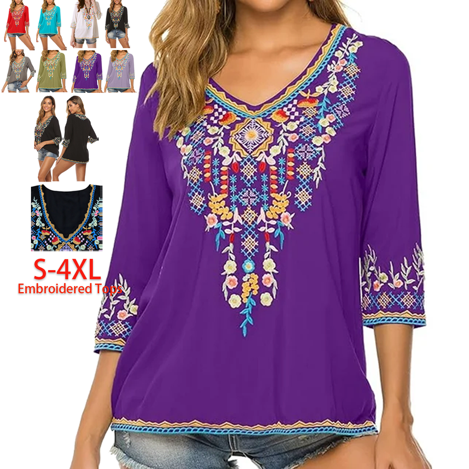 Higustar Womens Plus Size Tops 3/4 Sleeve V Neck Tunic Shirts Casual ...