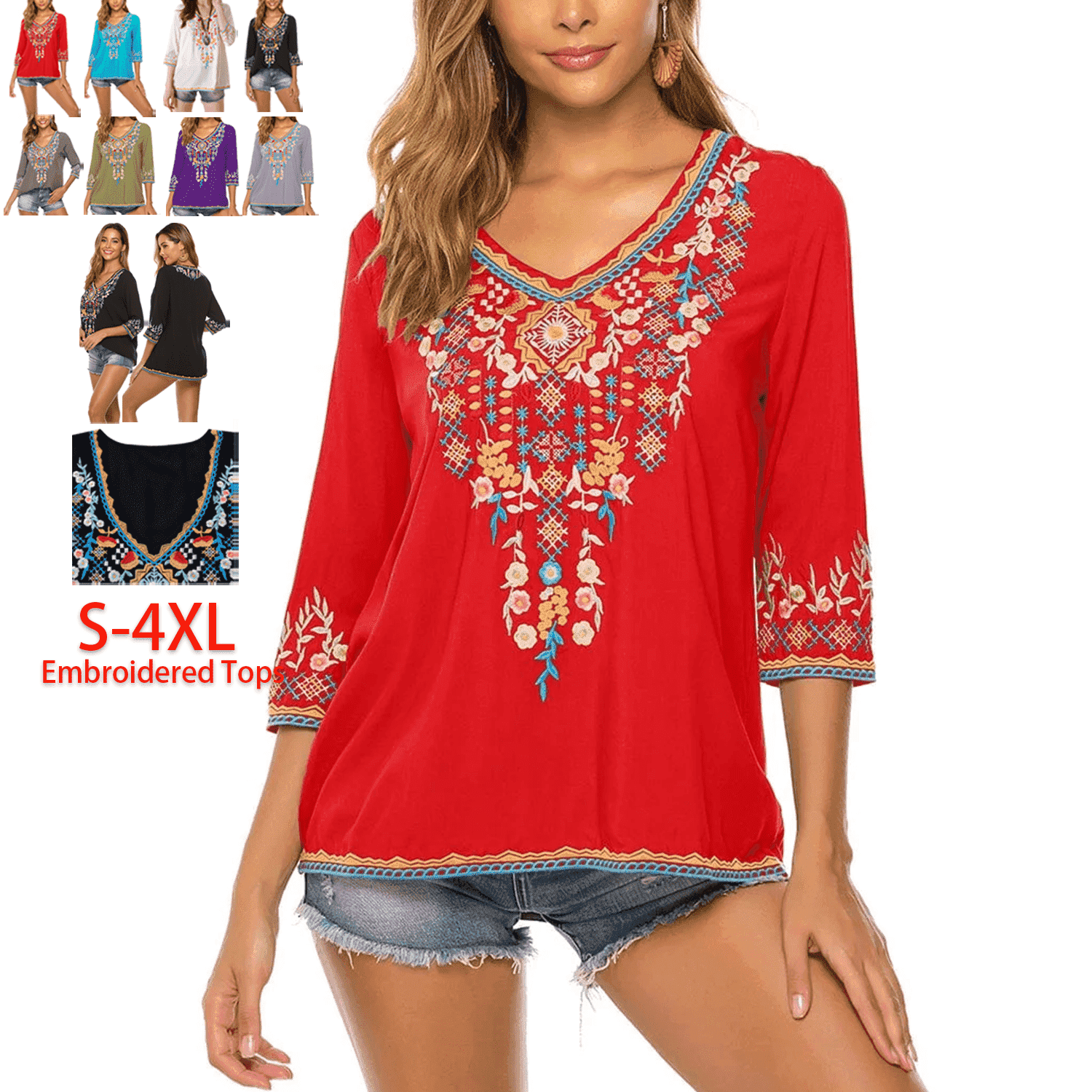 Higustar Womens Plus Size Tops 3/4 Sleeve V Neck Tunic Shirts Casual ...