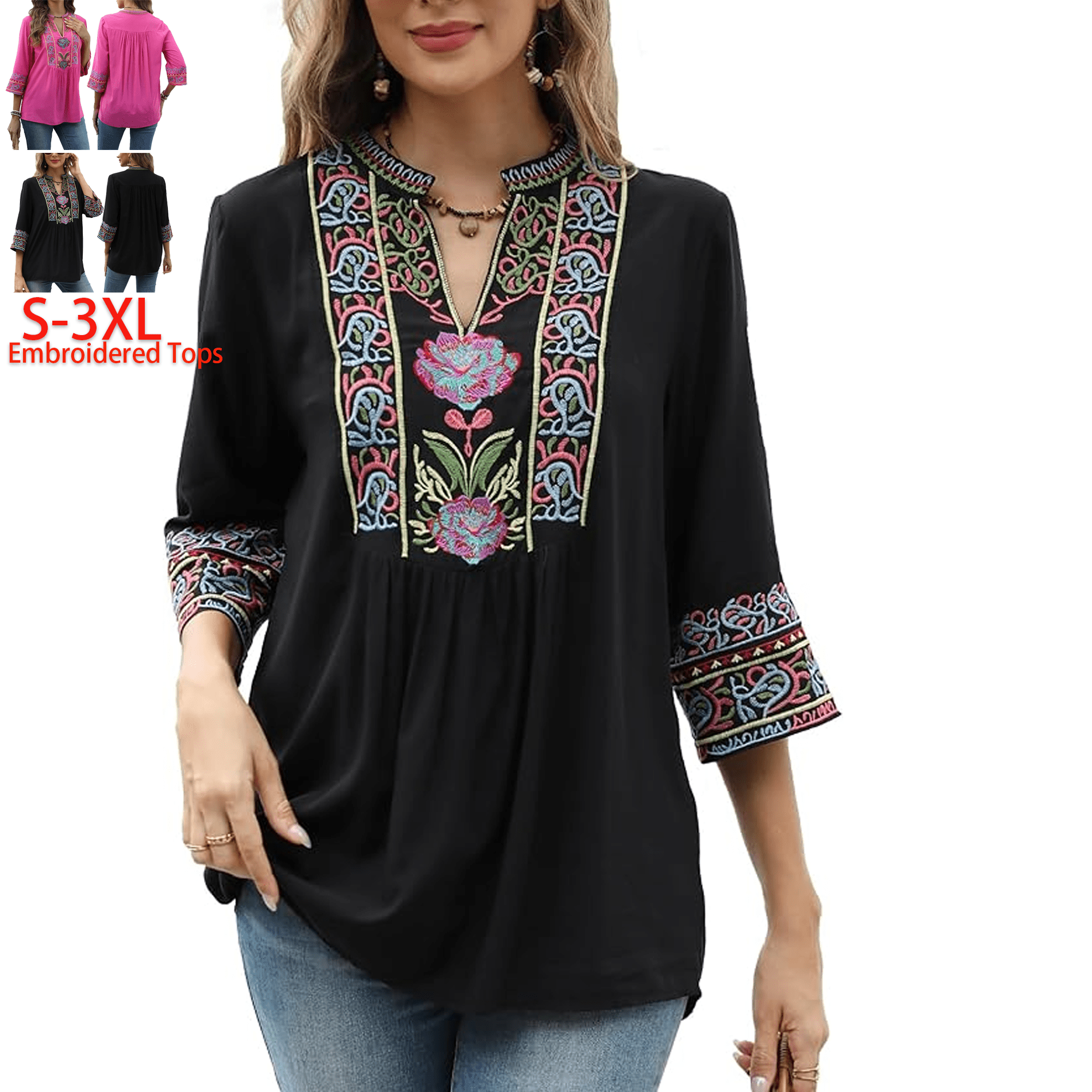 Higustar Embroidered Tops for Women 3/4 Sleeve V Neck Plus Size Boho ...