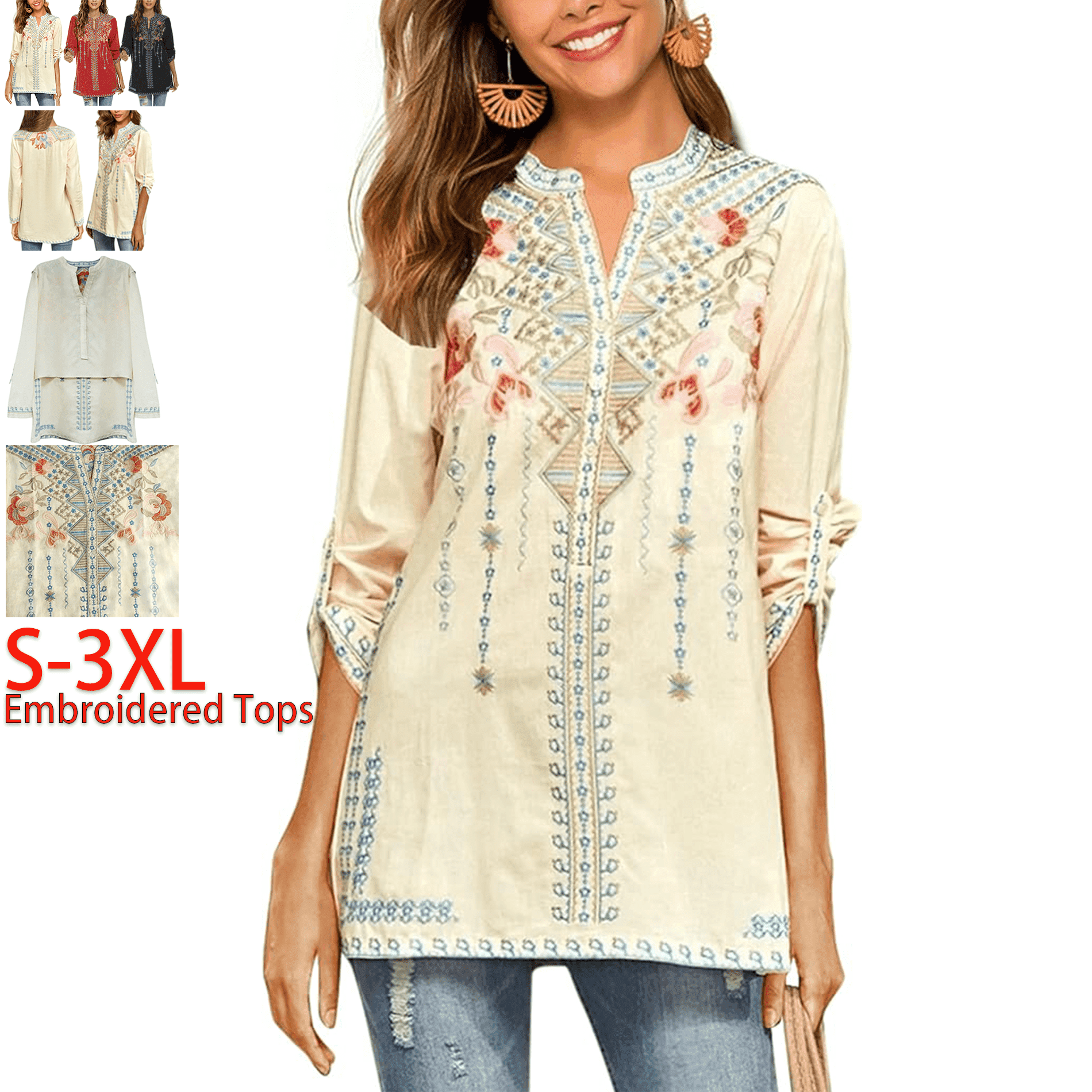 Higustar Womens Plus Size Tops 3/4 Sleeve V Neck Tunic Shirts Casual ...