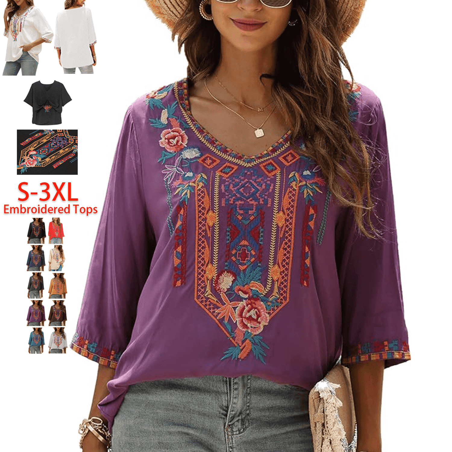 Higustar Embroidered Tops for Women 3/4 Sleeve V Neck Plus Size Boho ...