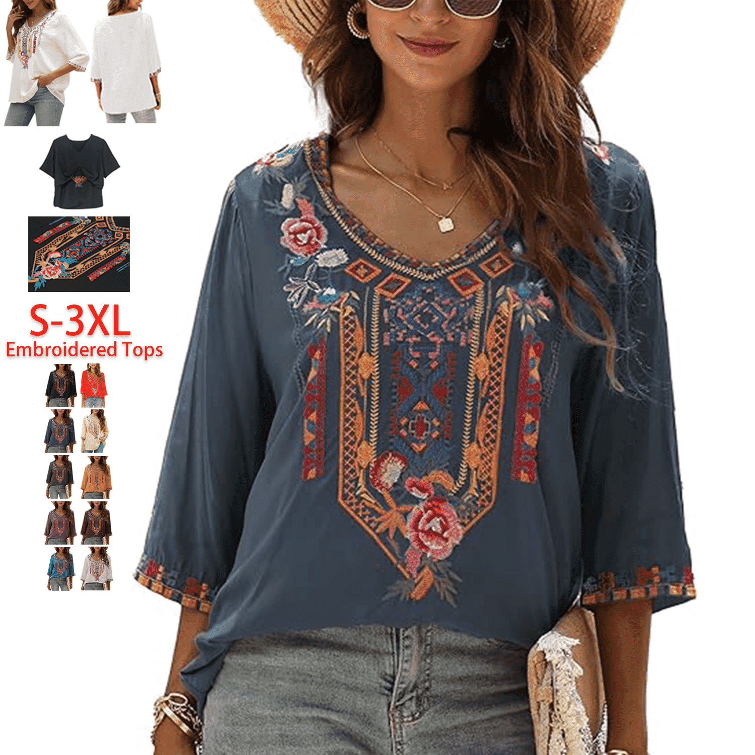 Higustar Embroidered Tops for Women 3/4 Sleeve V Neck Plus Size Boho ...