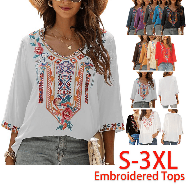 Higustar Embroidered Tops for Women Plus Size 3/4 Sleeve Tunic Tops ...