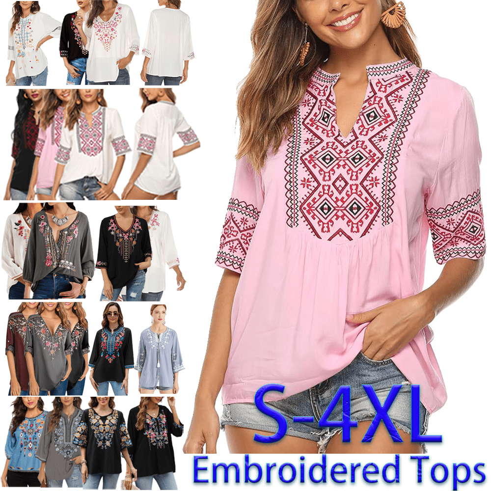 Higustar Embroidered Tops for Women Plus Size 3/4 Sleeve Tunic Tops Mexican V Neck Peasant ...