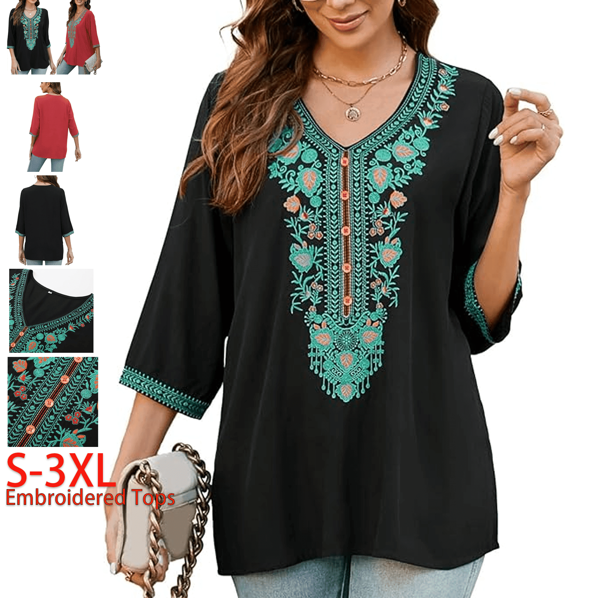 Higustar Embroidered Tops for Women 3/4 Sleeve V Neck Plus Size Boho Mexican Style Blouse ...