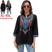 Higustar Embroidered Tops for Women Long Sleeve V Neck Plus Size Boho ...