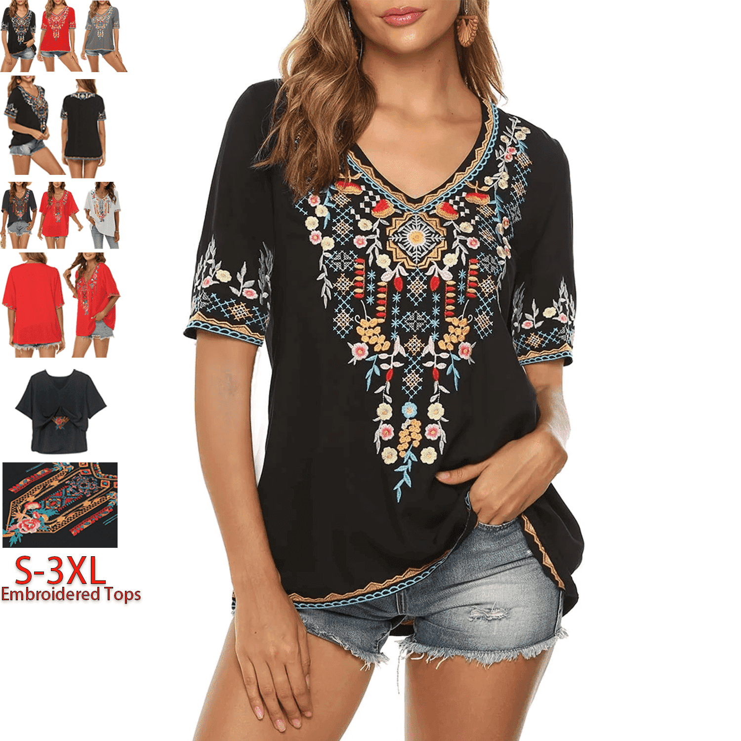Higustar Embroidered Tops for Women Short Sleeve V Neck Plus Size Boho Mexican Style Blouse ...