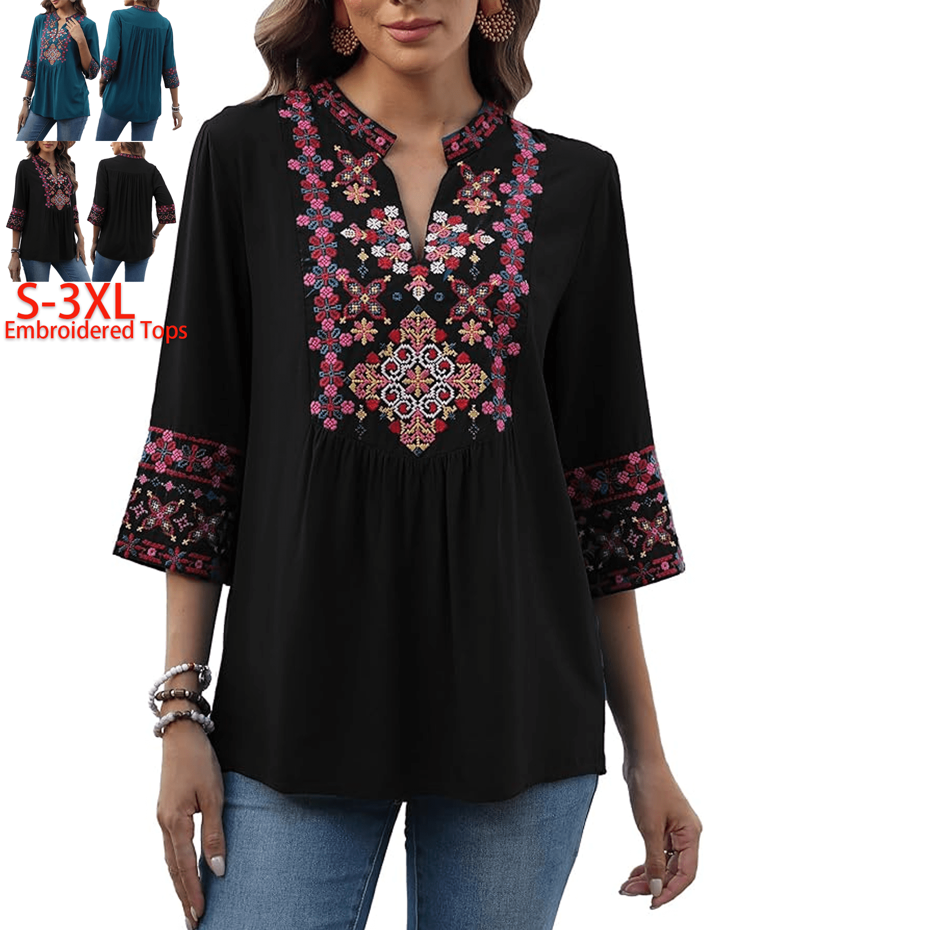 Higustar Embroidered Tops for Women 3/4 Sleeve V Neck Plus Size Boho ...