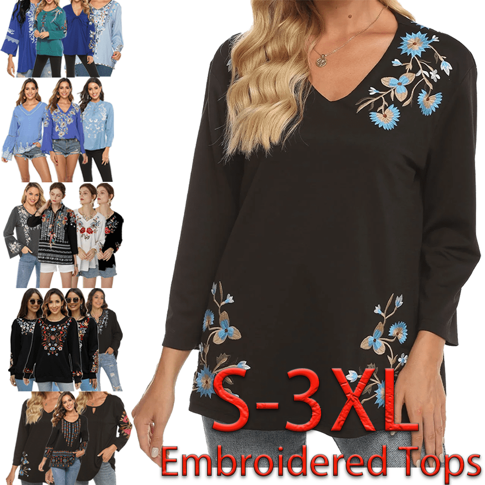 Higustar Mexican Shirts Peasant Blouses Cotton Embroidered 3/4 Sleeve ...