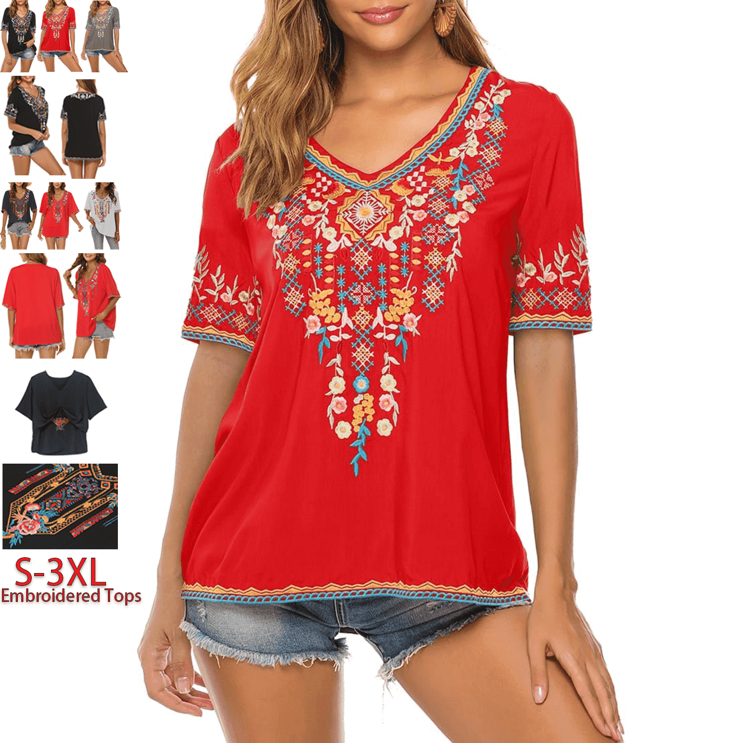 Higustar Embroidered Tops for Women Short Sleeve V Neck Plus Size Boho ...
