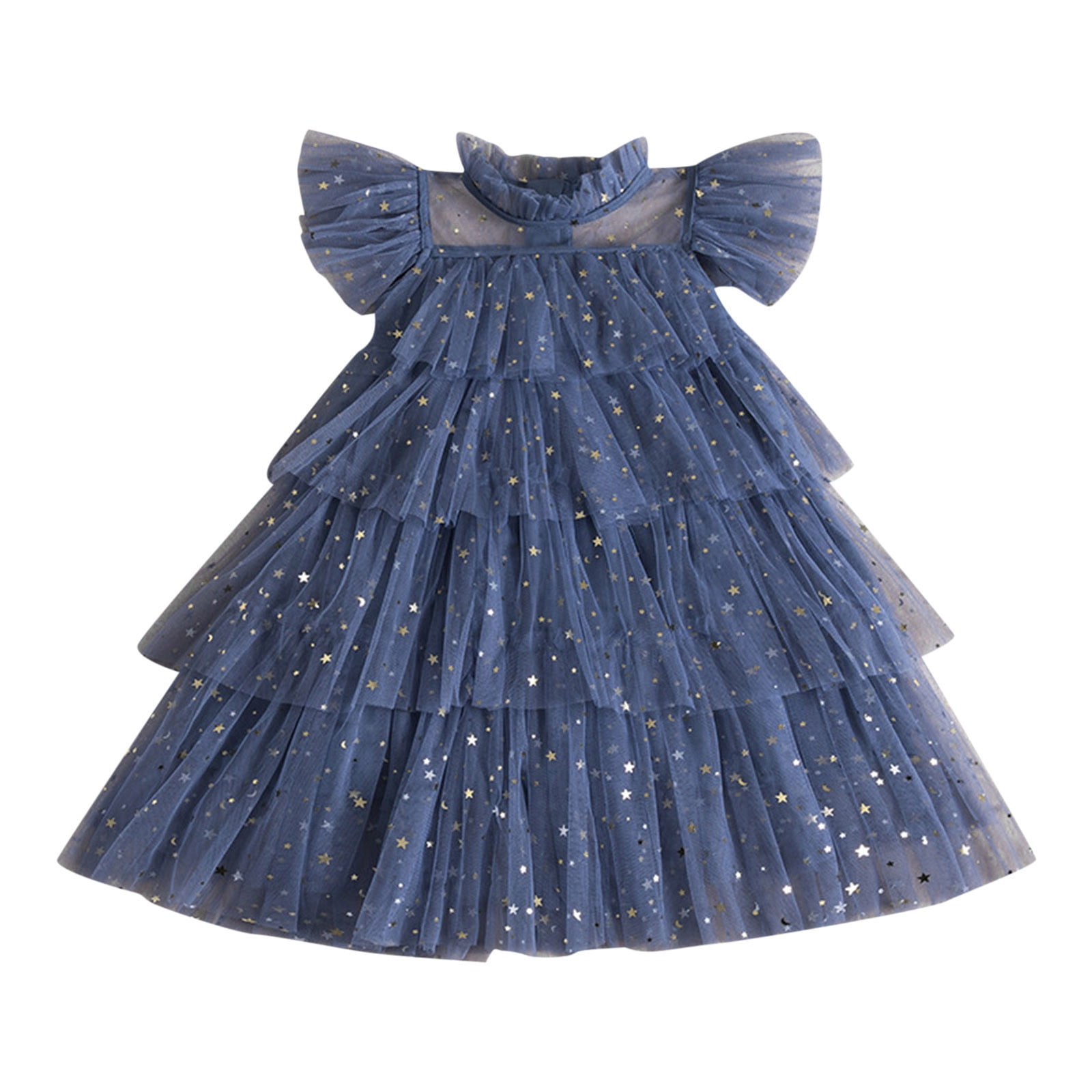 Hihipz Little Girls Dresses Flutter Sleeve Star Sequin Layered Mesh ...