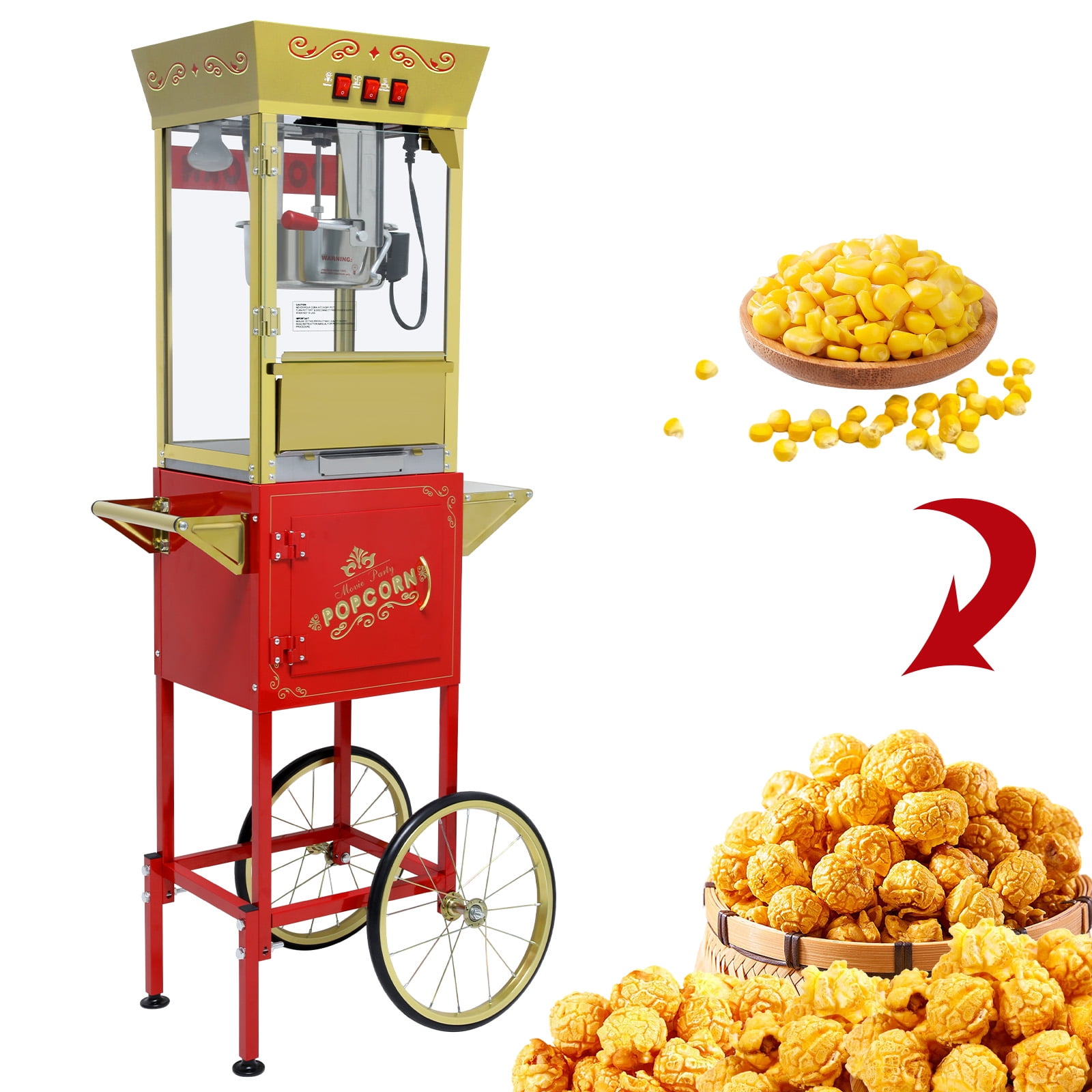 HiiKaa 12oz Popcorn Machine with Cart,48 Cups Vintage Popcorn Machine ...