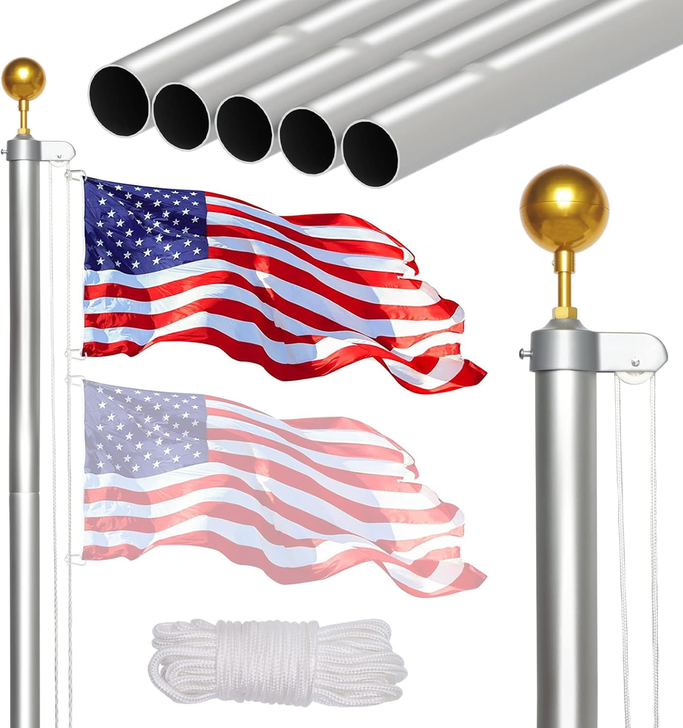 HiiKaa 20FT Sectional Flag Pole Kit, Heavy Duty Aluminum Outdoor In ...