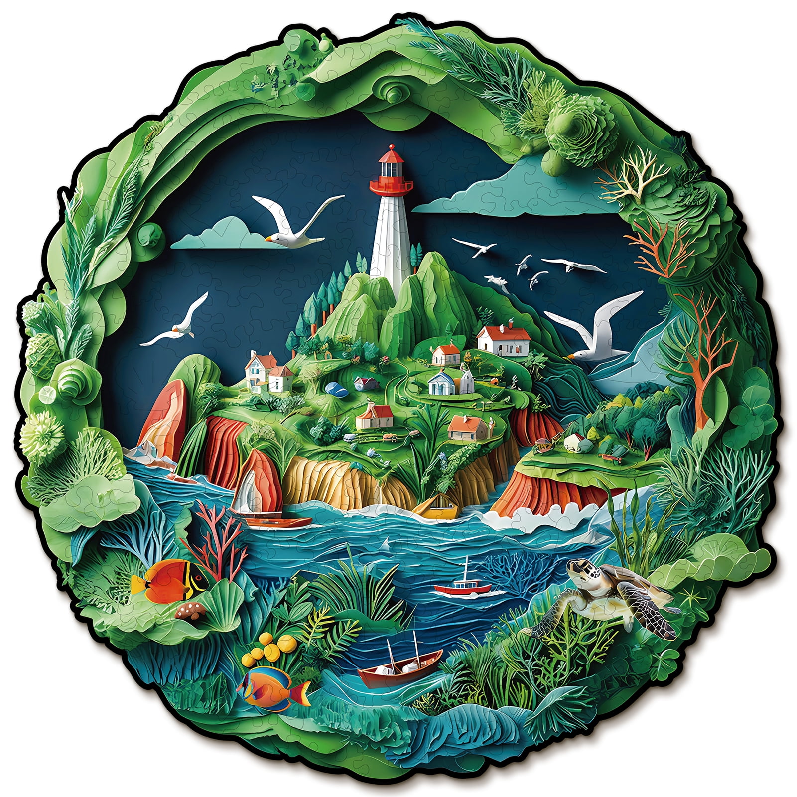 HiiKaa 3D Vision Effect Harbor Town Wooden Puzzle,Unique Shape Advanced ...