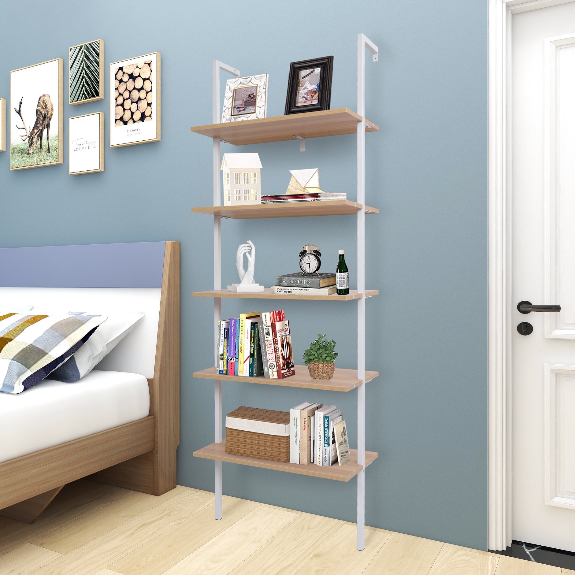 HiiKaa 5-Tier Ladder Shelf,Wall Mounted Ladder Bookshelf with Metal ...