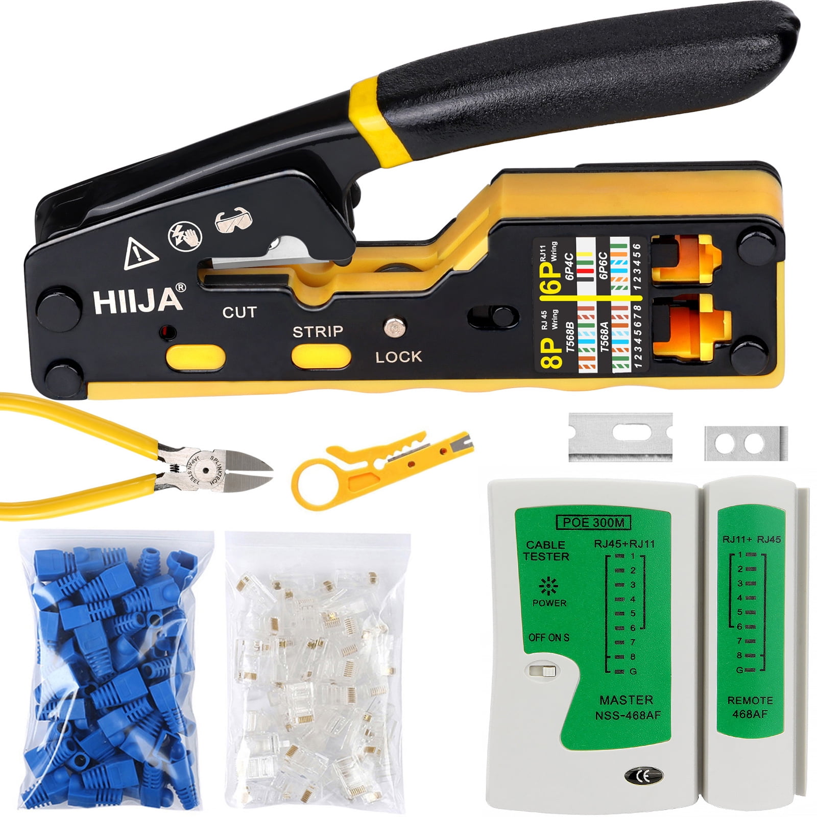 Hiija Pro RJ45 Tool Kit - Ethernet Wire Stripper, Tester, 50PCS Cat6 ...
